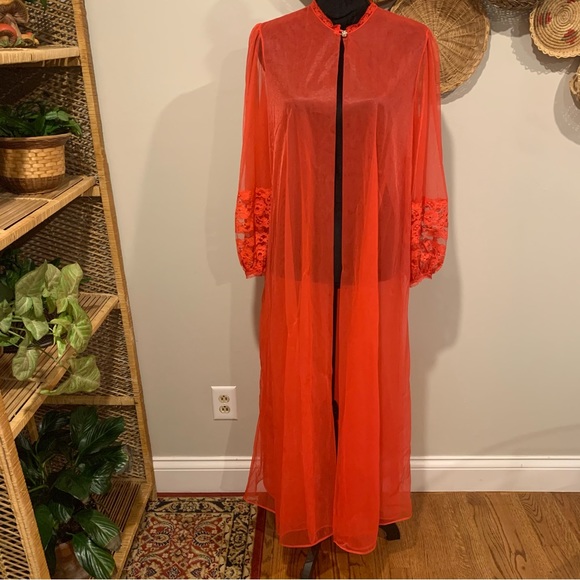 Intimates & Sleepwear | Vintage Sears Red Sheer Peognoircape With Lace ...